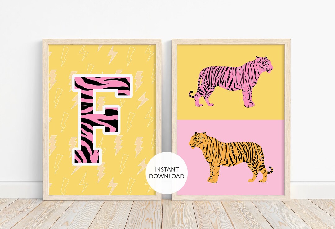 Set of 2, Pink Tiger. Custom Initial Print. Preppy Wall Art. Retro Wall ...