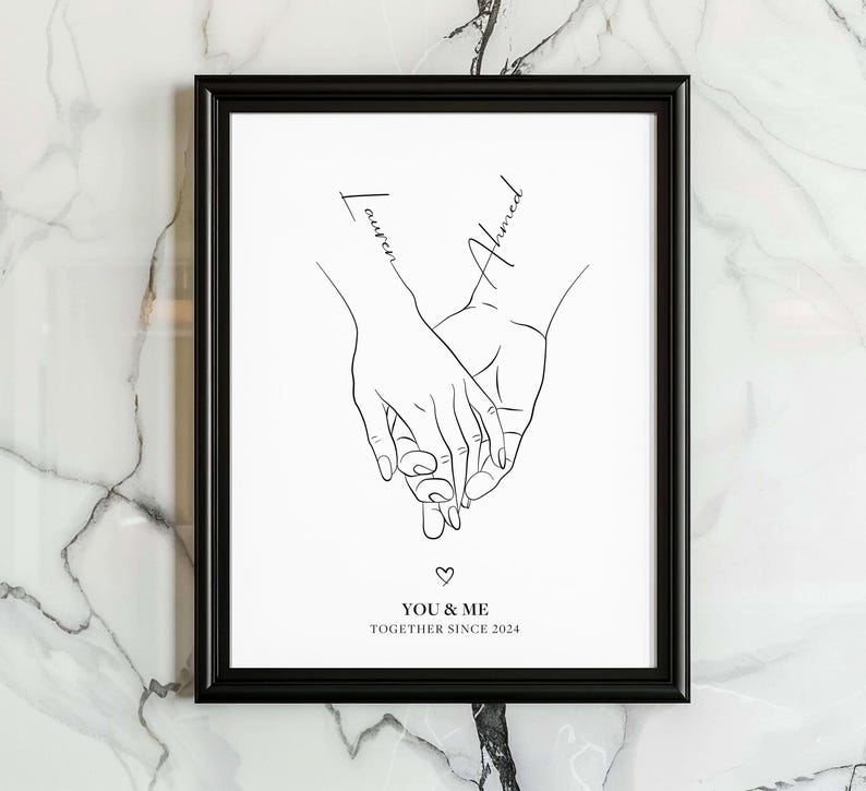 Custom Names Holding Hands Line Art, Personalized Couple Print, Wedding ...