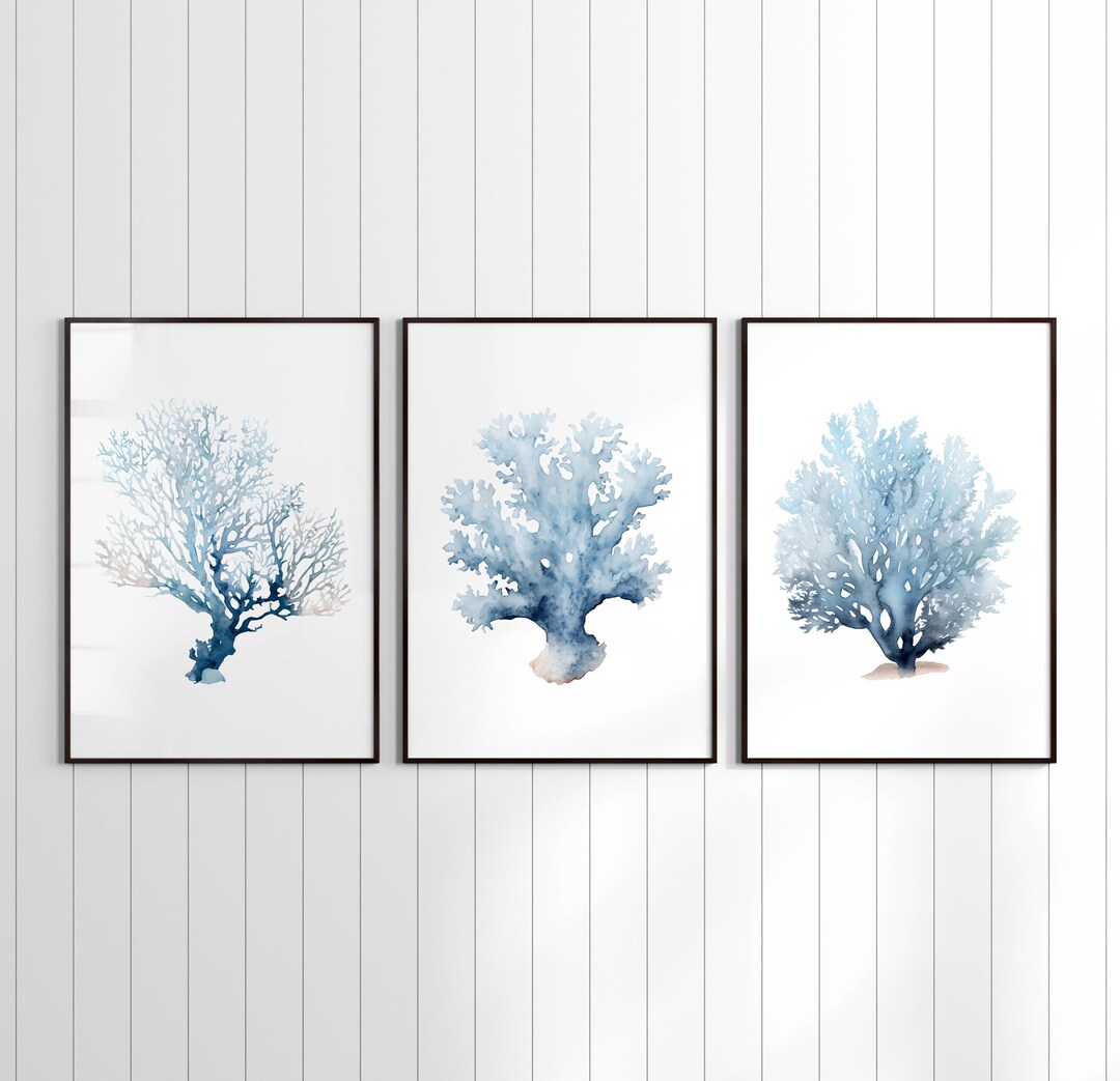 Blue Coral Watercolor Print Set: Coastal Beach House Decor (digital ...