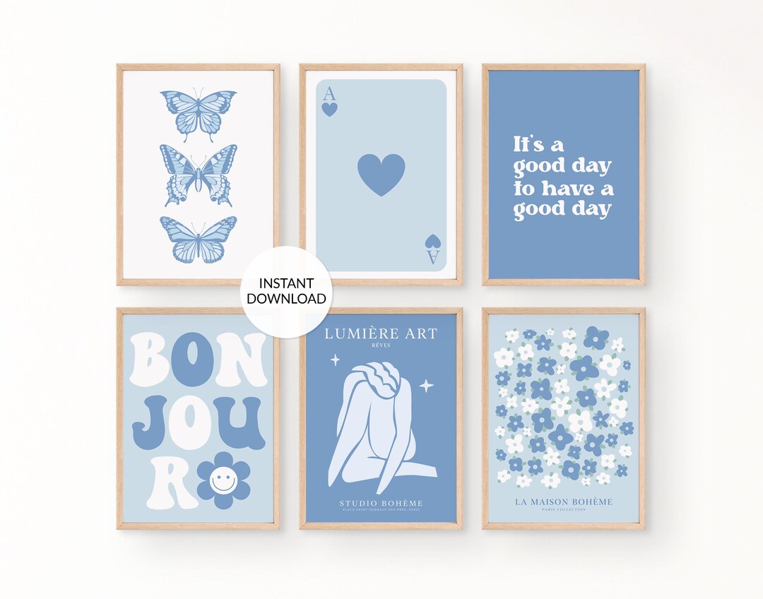Blue Gallery Wall Set of 6, Pastel Sky Blue Dorm Room Wall Art Decor ...
