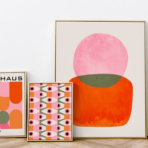 Set of 3, Mid Century Modern Wall Art Set. Pink Dorm Decor. Orange Red ...