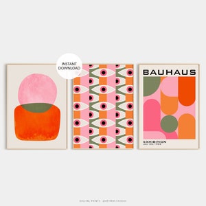 Set of 3, Mid Century Modern Wall Art Set. Pink Dorm Decor. Orange Red ...