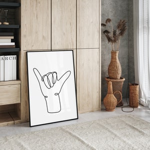 Shaka Hand Line Drawing Print Hands Sign Line Art. Surfer Mahalo Wall ...