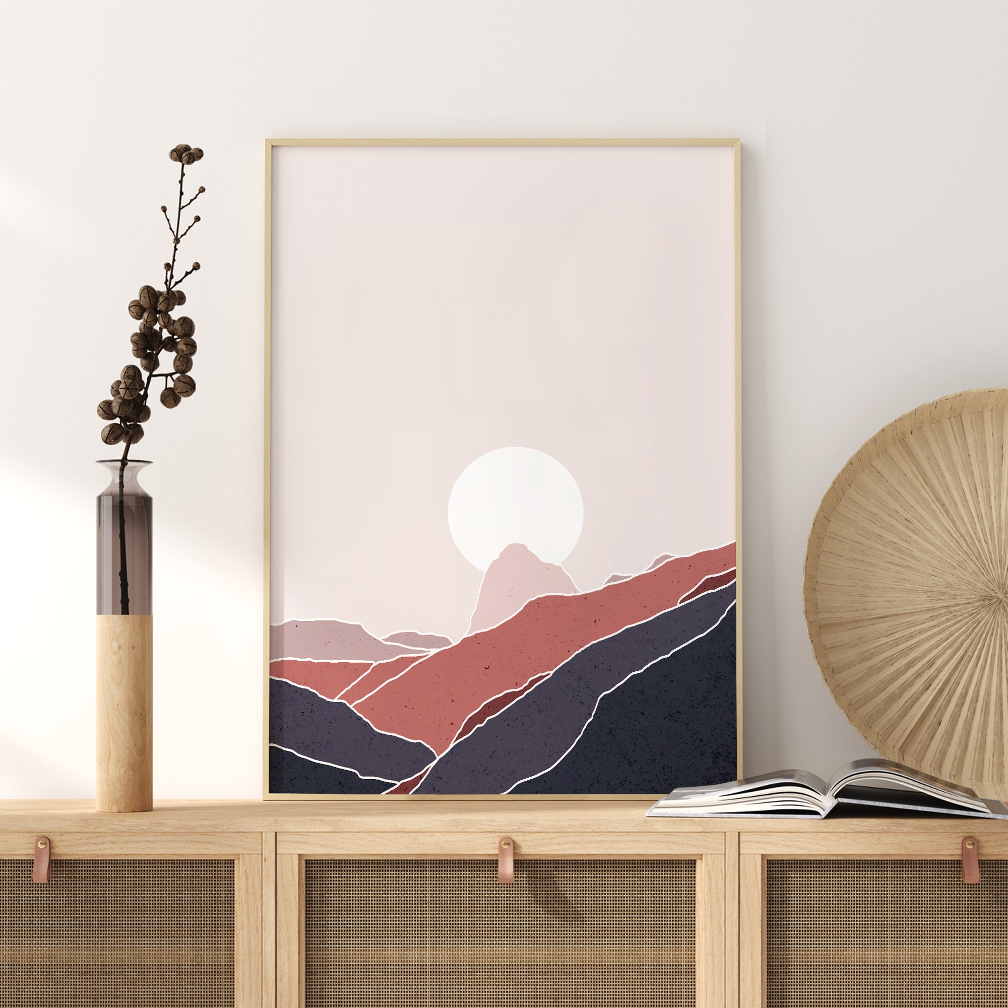 Abstract Sun Line Art Print Mountain Line Art Pink Boho | Etsy