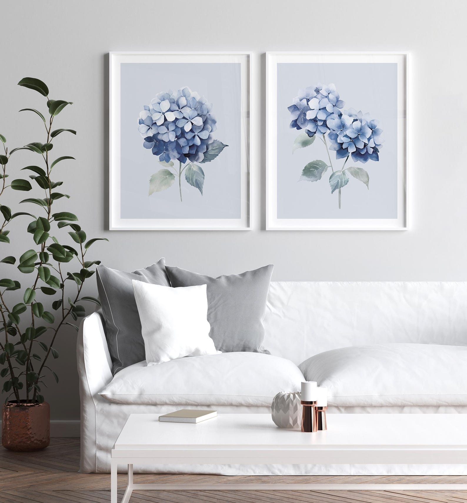 Blue Hydrangeas Wall Art Set of 2, Botanical Flower Watercolor Prints ...