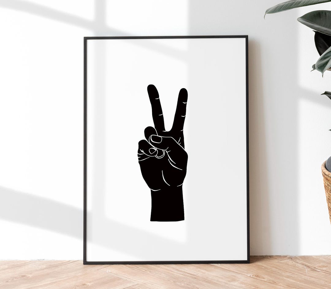 Black Peace Sign Line Art Print, Hand Gesture Poster, Minimalist Hands ...