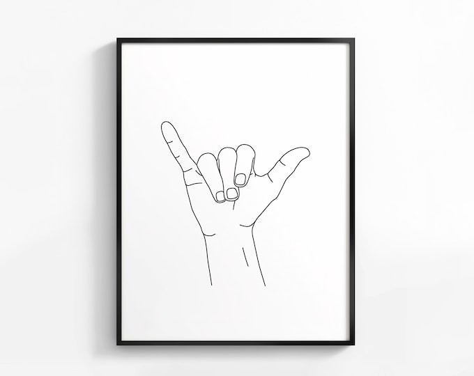 Shaka Hand Line Drawing, Shaka Sign Art Print, Hand Line Art, Mahalo ...