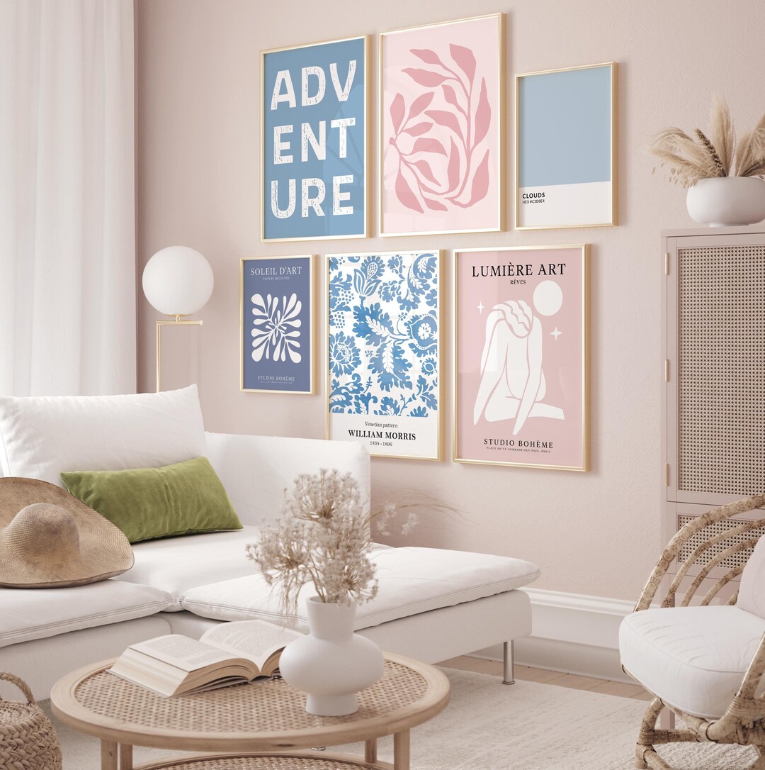 Pink & Blue Abstract Art Prints: Boho Gallery Wall Set (digital ...