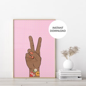 Retro Peace Sign Poster. Hand Sign. Line Art. Pink Peace Poster. Hands ...