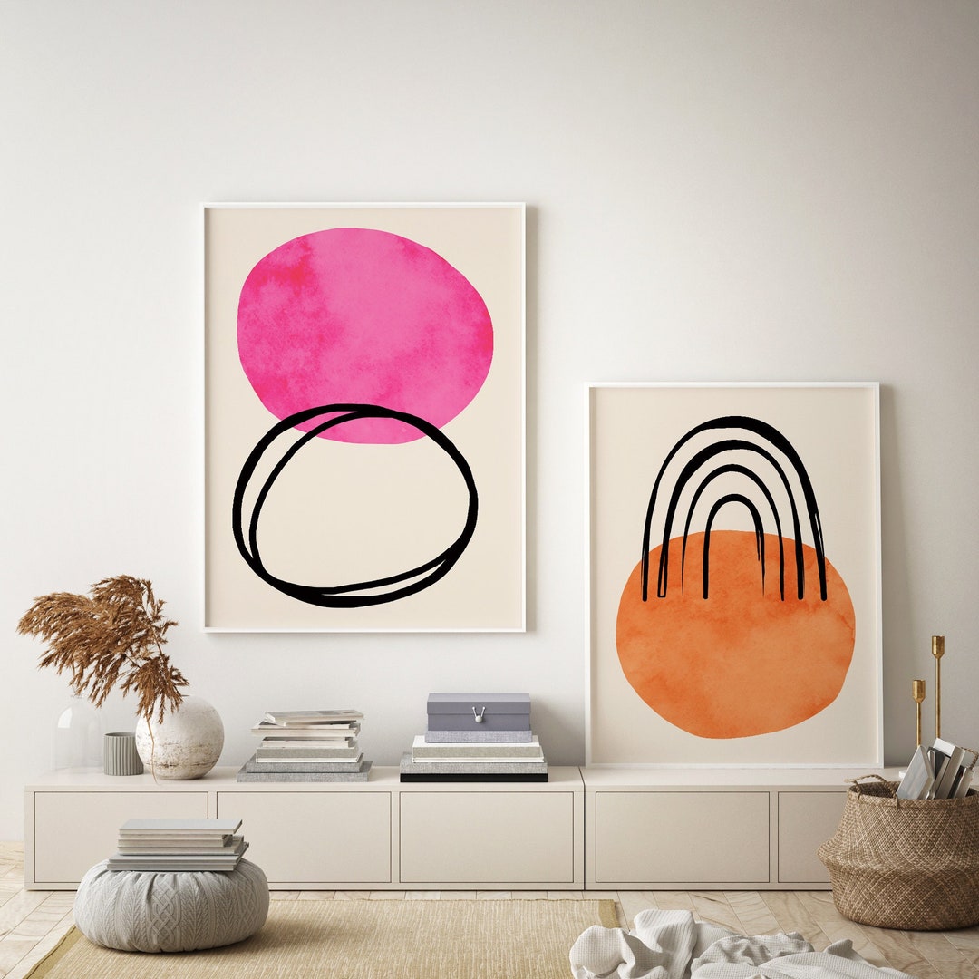 Set of 2 Prints, Line Art, Orange and Pink Bright Abstract Art, Black ...