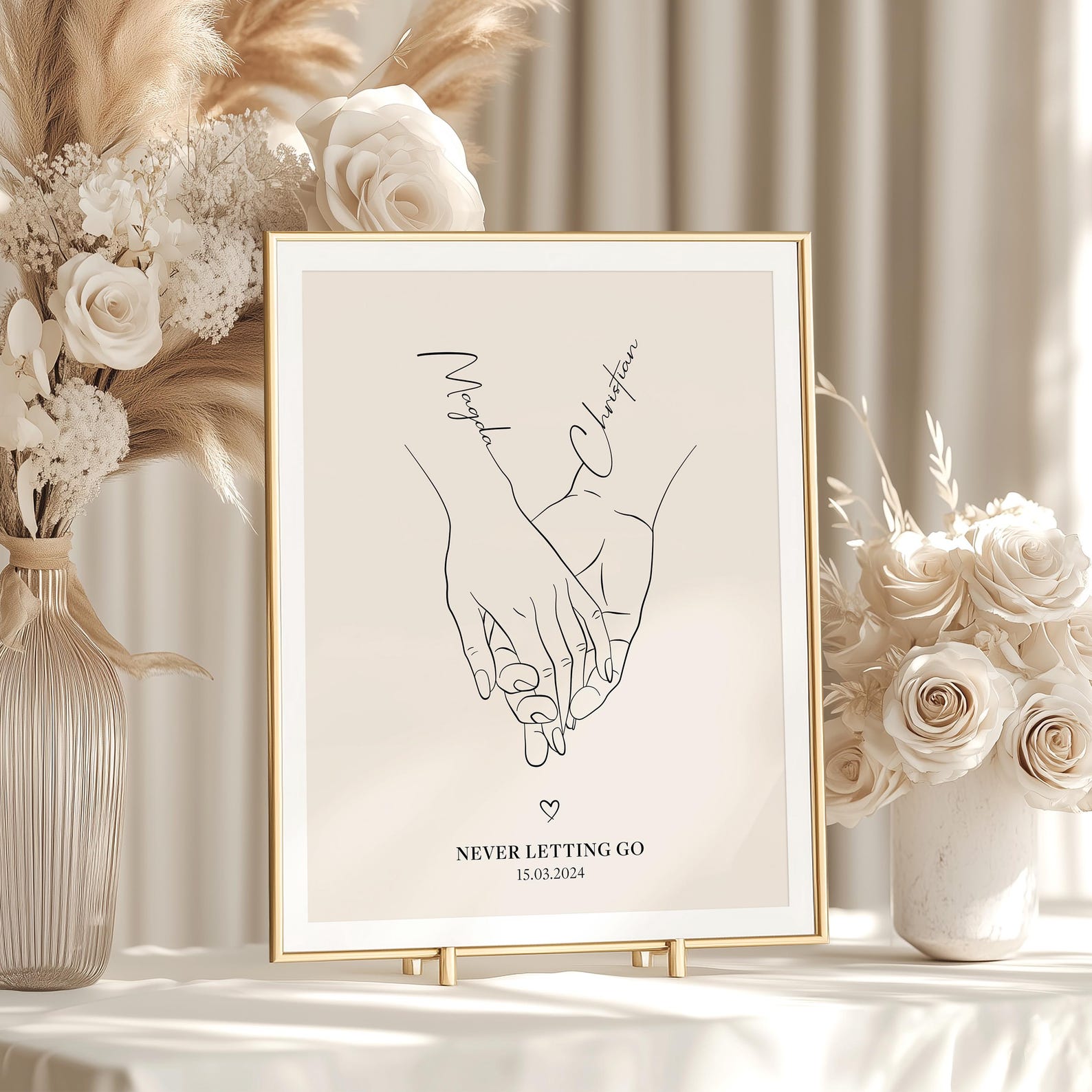 Custom Names Holding Hands Line Art, Personalized Couple Print, Wedding ...