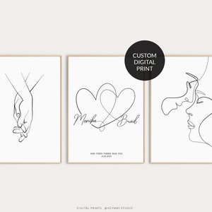 Custom Names Holding Hands Love Art Line Drawing Print. Set of 3 ...