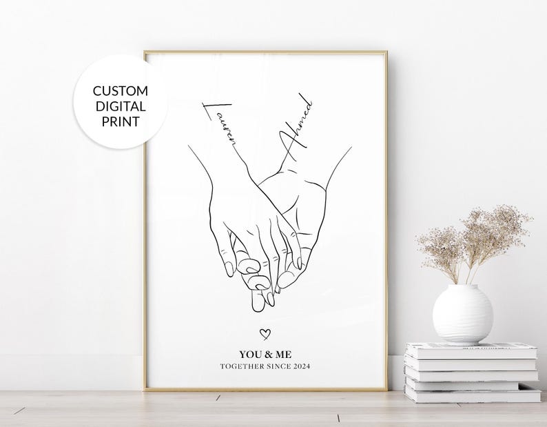Custom Names Holding Hands Line Art, Personalized Couple Print, Wedding ...