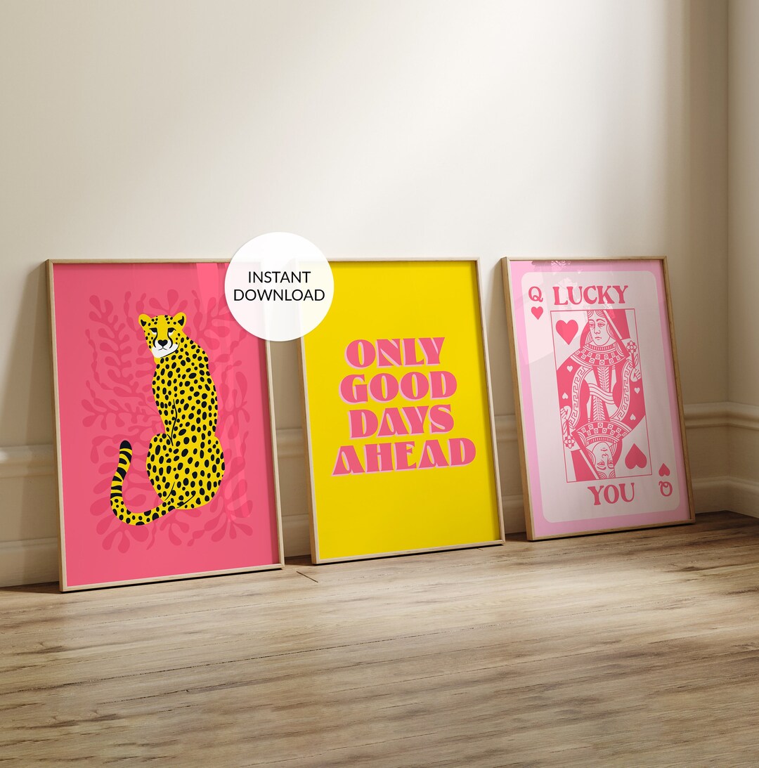 Pink Cheetah Art Print Set of 3. Blush Pink Yellow Colorful Poster ...