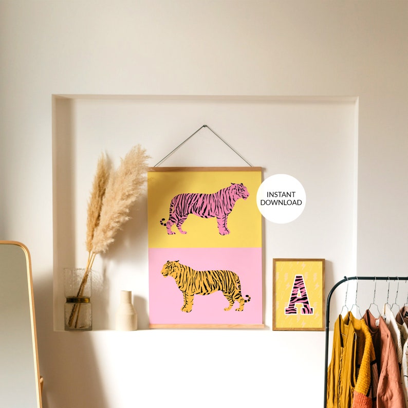 Set of 2 Pink Tiger. Custom Initial Print. Preppy Wall Art. - Etsy