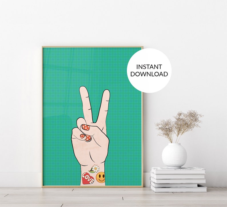 Retro Peace Sign Poster. Hand Sign. Line Art. Green Peace - Etsy
