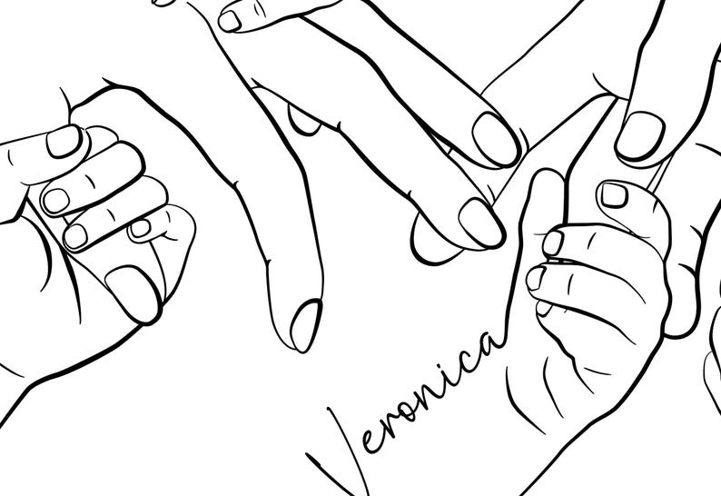Custom Family of 6 Holding Hands Line Art, Personalized Parents and 4 ...