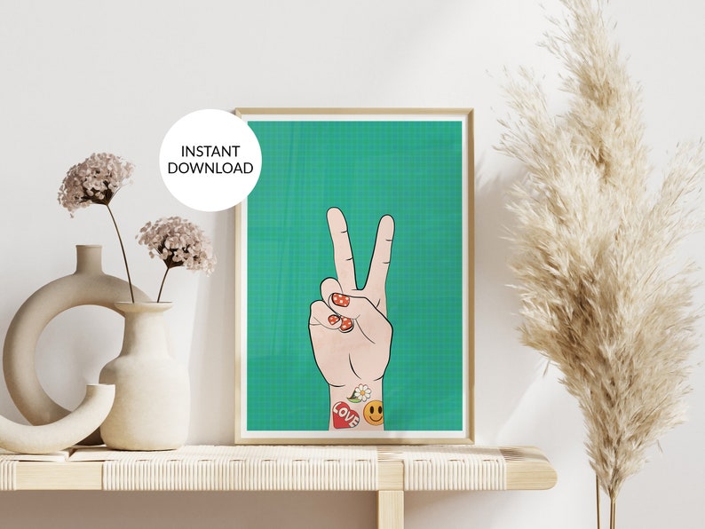 Retro Peace Sign Poster. Hand Sign. Line Art. Green Peace - Etsy
