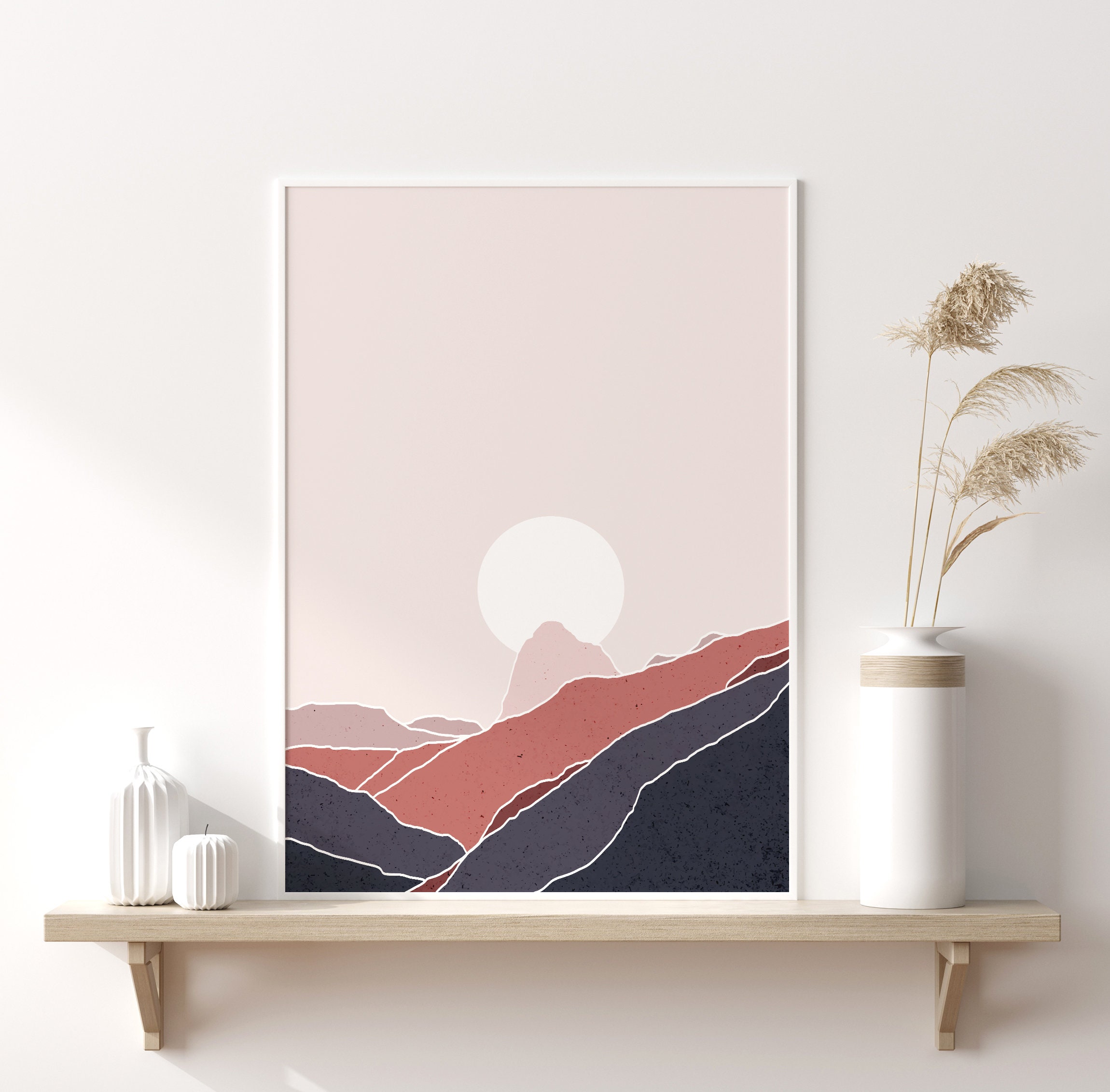 Abstract Sun Line Art Print Mountain Line Art Pink Boho | Etsy