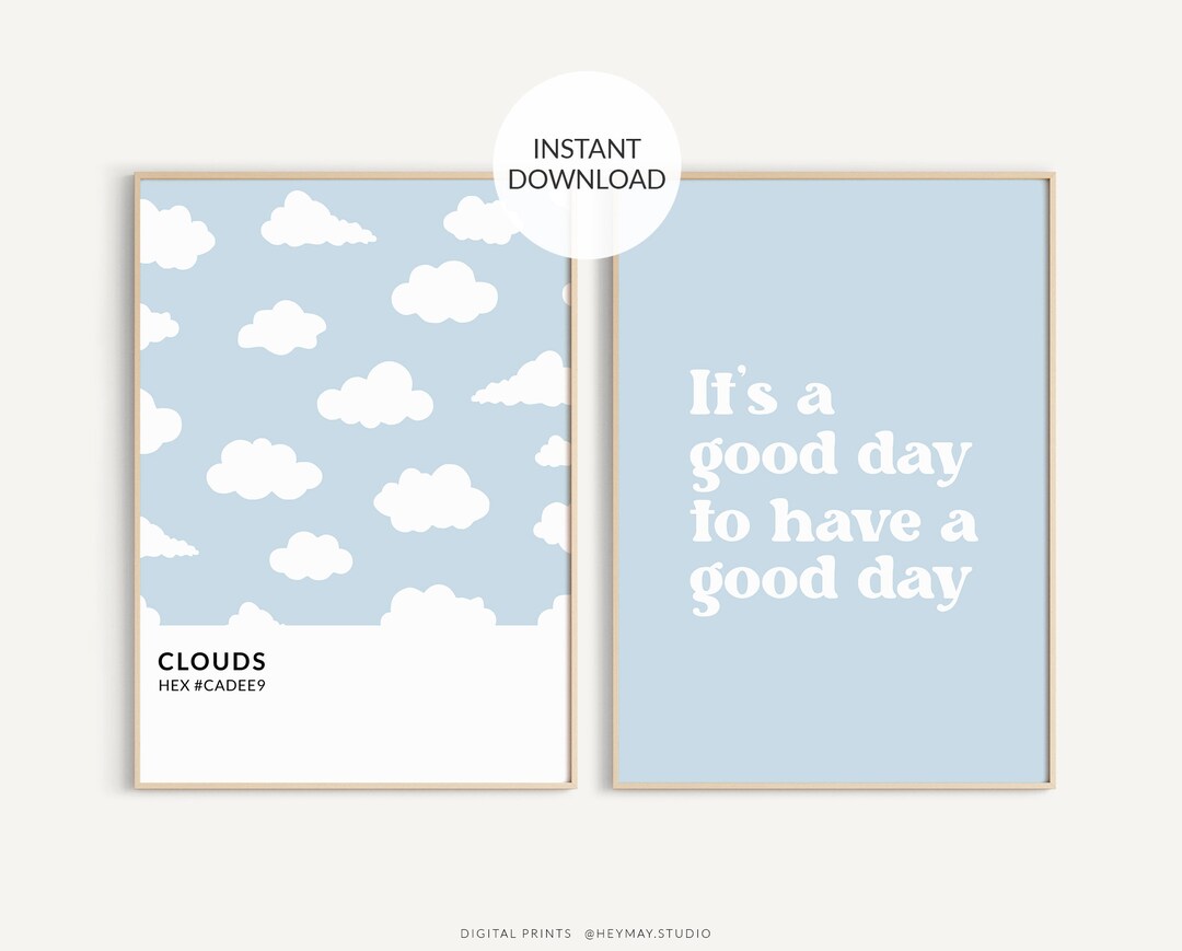 Set of 2, Blue Clouds Print. Pastel Blue Art. Sky Blue Poster. Preppy ...
