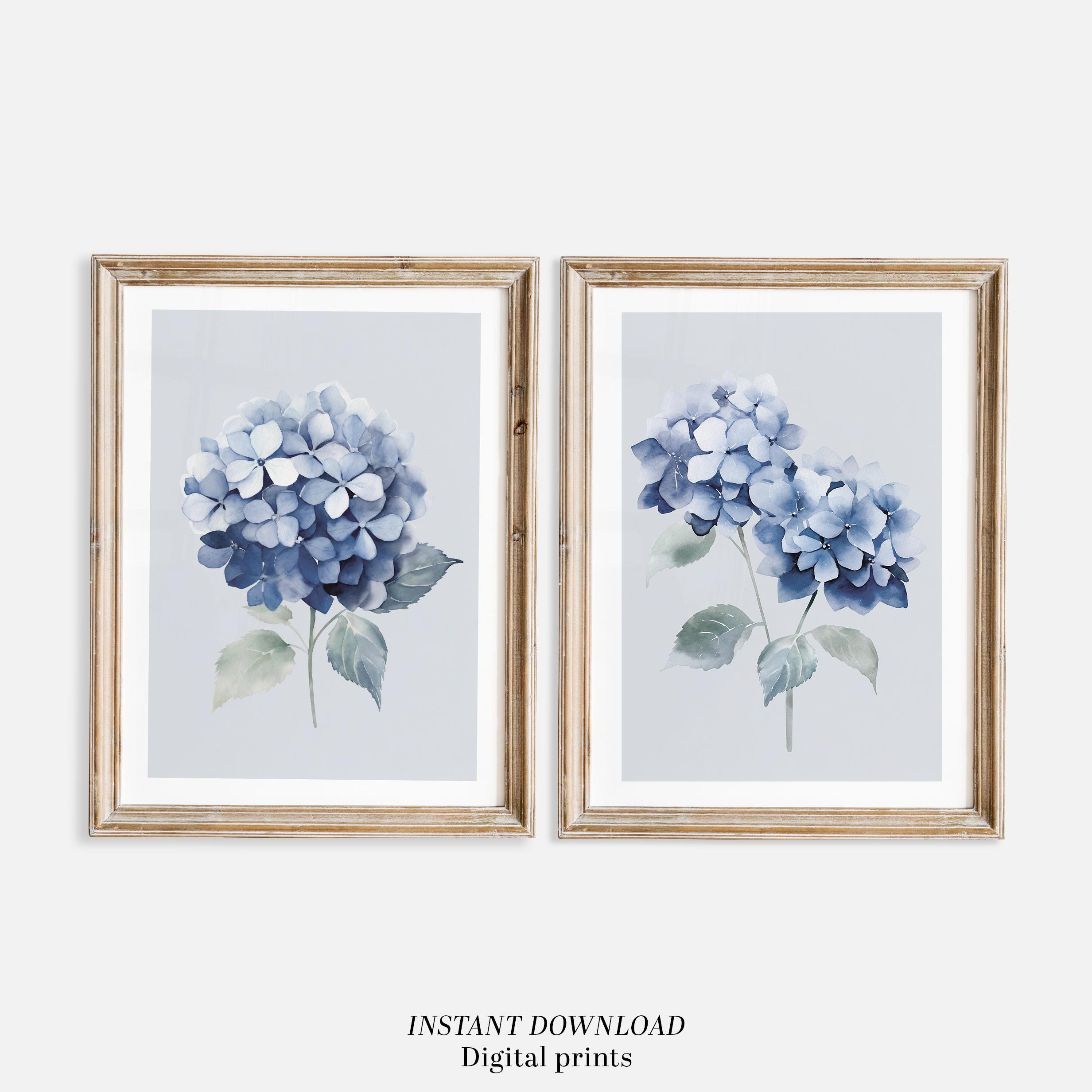 Blue Hydrangeas Wall Art Set of 2, Botanical Flower Watercolor Prints ...