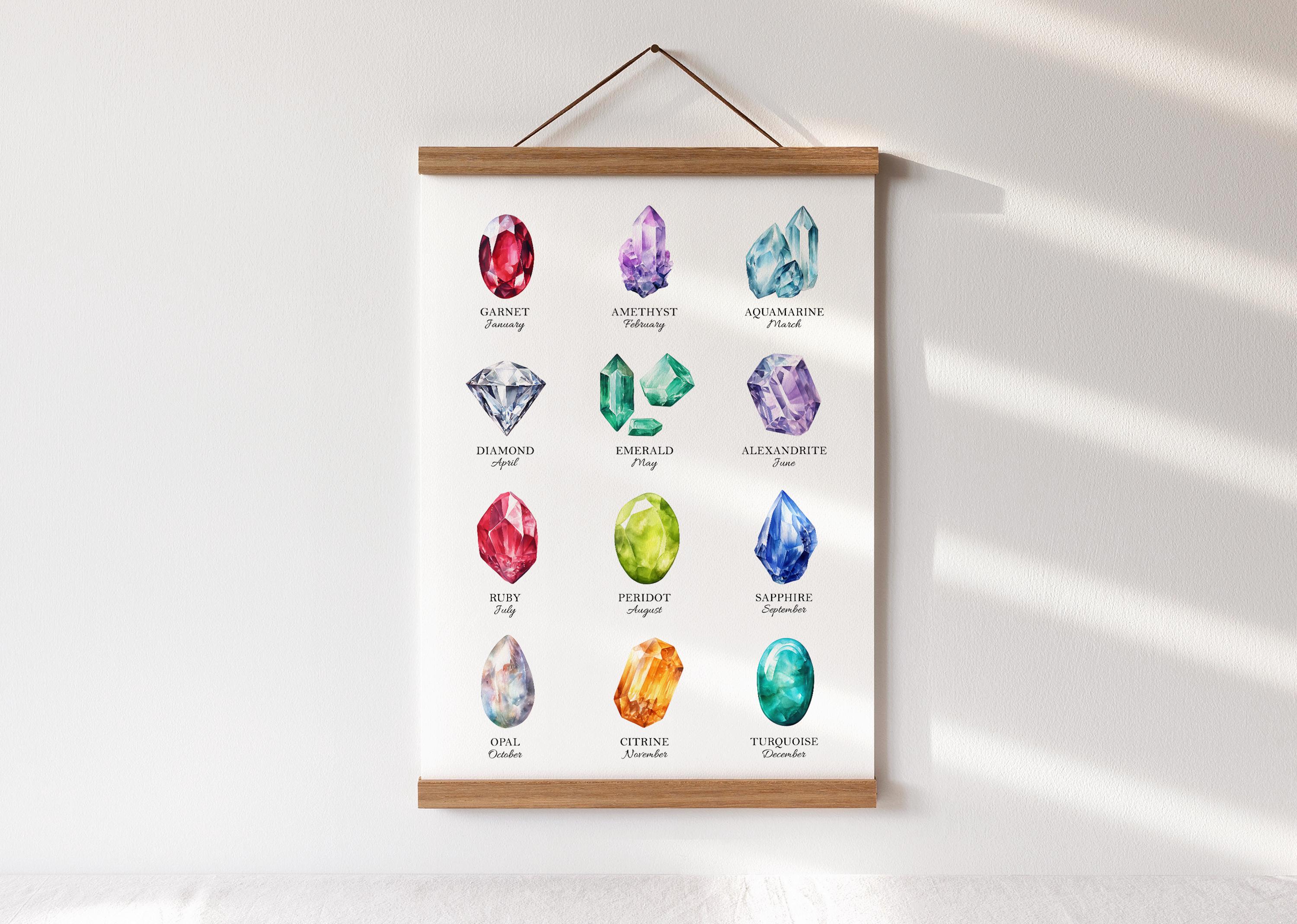 Birthstone Chart Wall Art, Gemstones Poster Decor, Watercolor Crystal ...