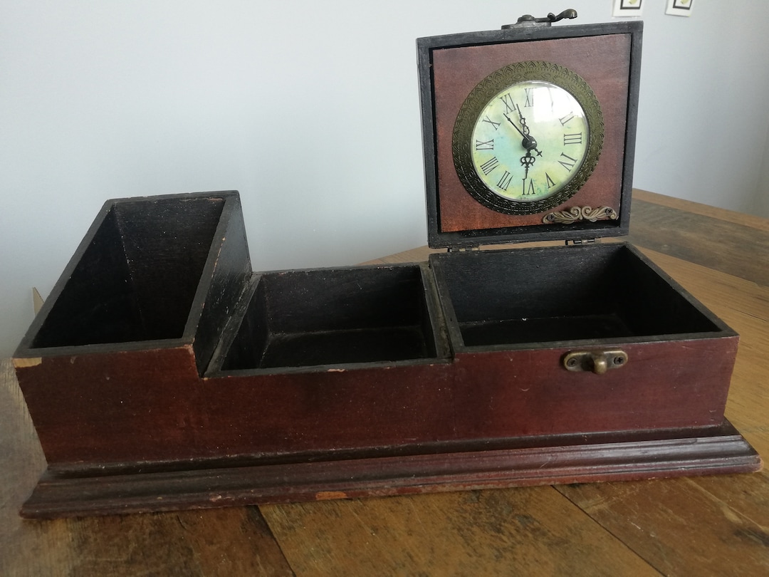 Vintage Jewelry Storage Box With Clock, Wood Storage Jewelry Treasure ...