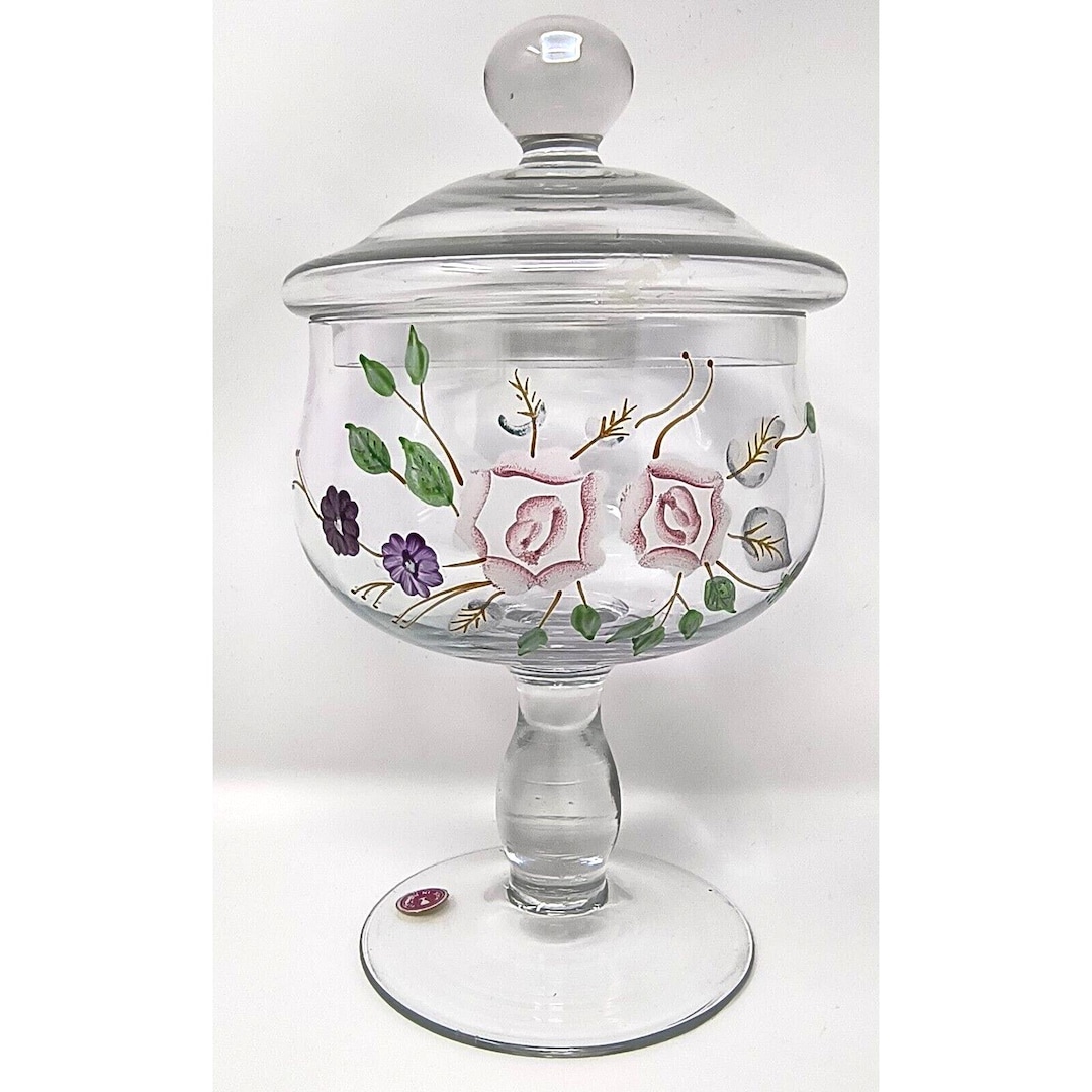 Vtg European Art Glass Hand Painted Pink Roses Candy or Apothecary Jar ...