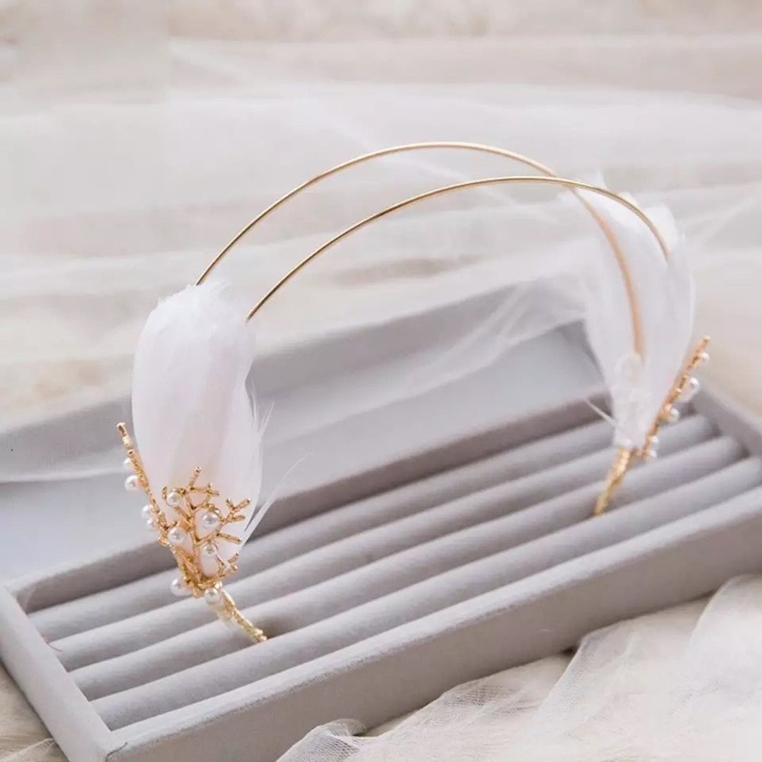 White Feather Tiara Headband Wedding Hair Accessories for Girl Women ...