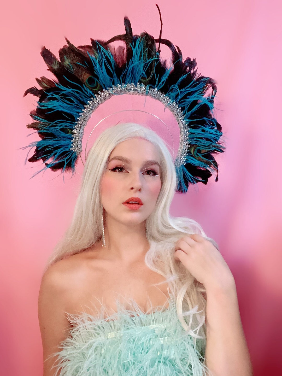 Peacock Blue and Black Feather Sequin Festival Embellished Headdress ...