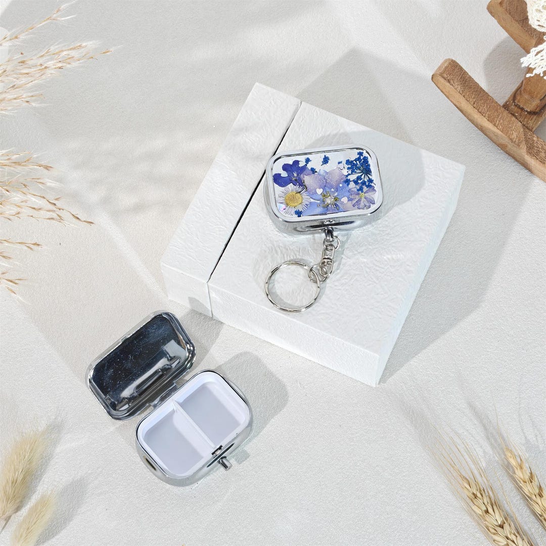 Pressed Real Flower Square Pill Box With Makeup Mirror, Travel Pocket ...