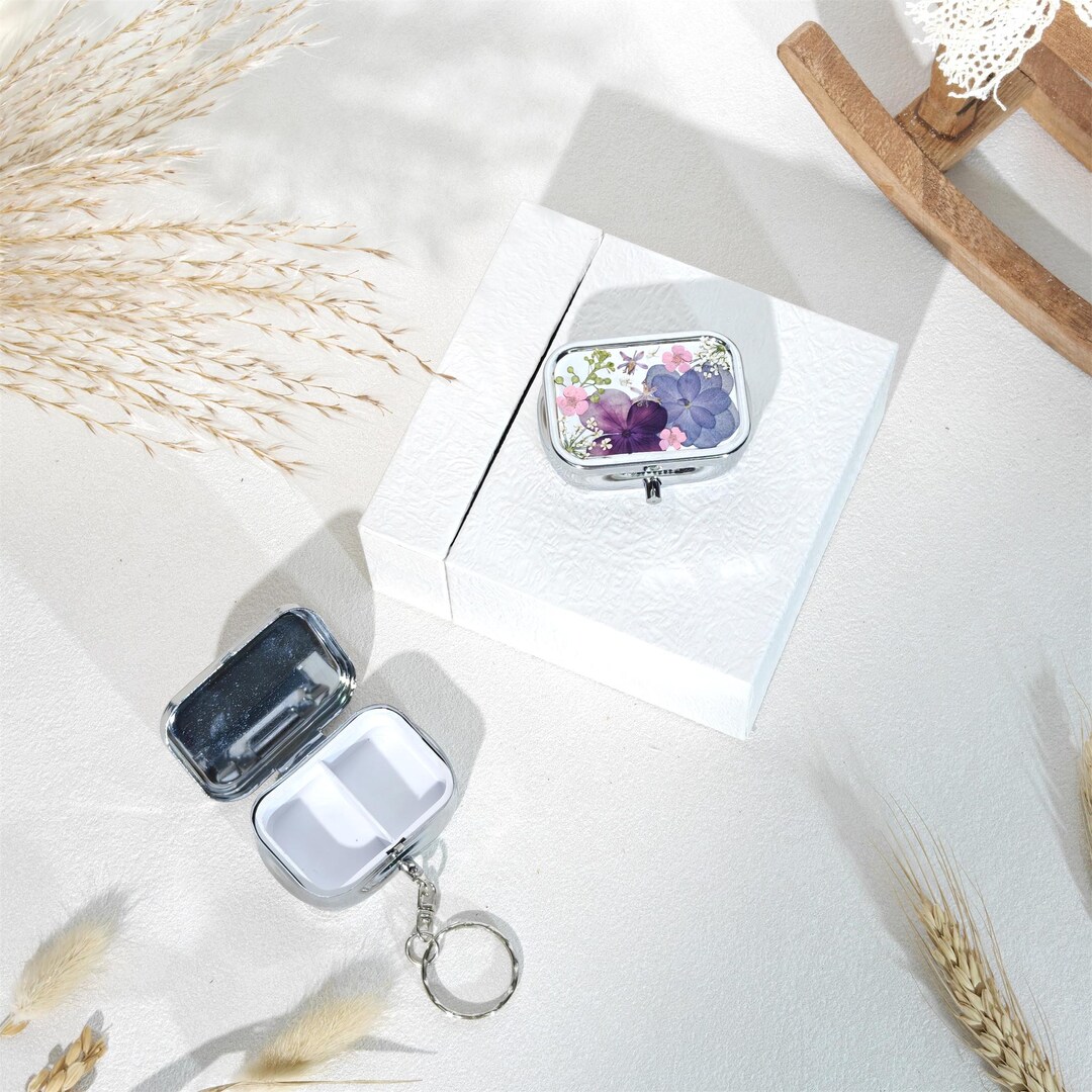 Real Purple Pink Flower Square Pill Box With Makeup Mirror, Travel ...