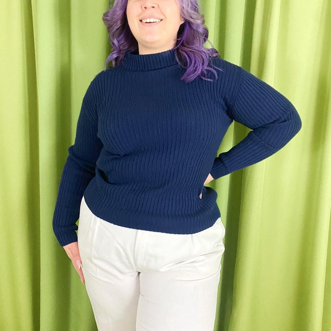 60s Vintage Navy Blue Rib Knit Mock Neck Sweater - Etsy