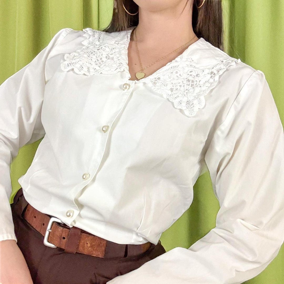 90s Vintage White Lace Button-up Blouse With Crochet Lace Puritan ...