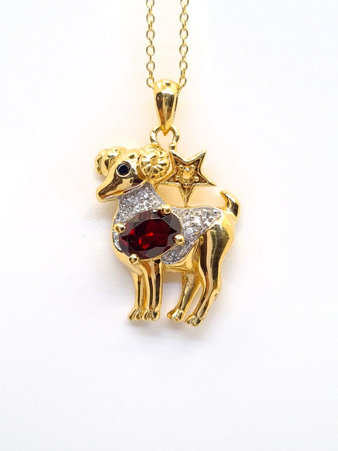 Natural Gemstone Zodiac Sign Aries Pendant, Natural Red Garnet Sheep ...