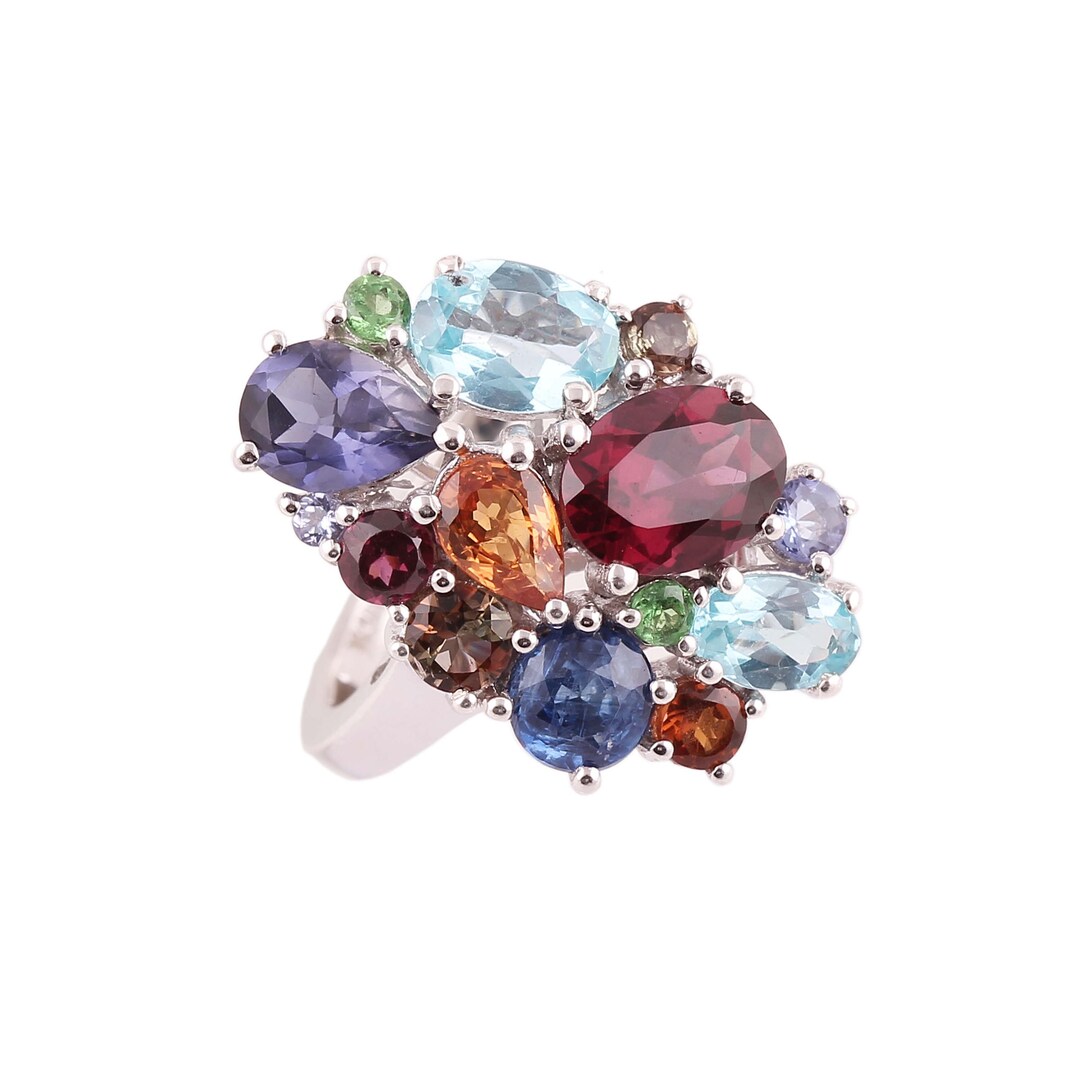 Natural Multi Gemstone Ring-solid 925 Sterling Silver-chunky Cluster ...
