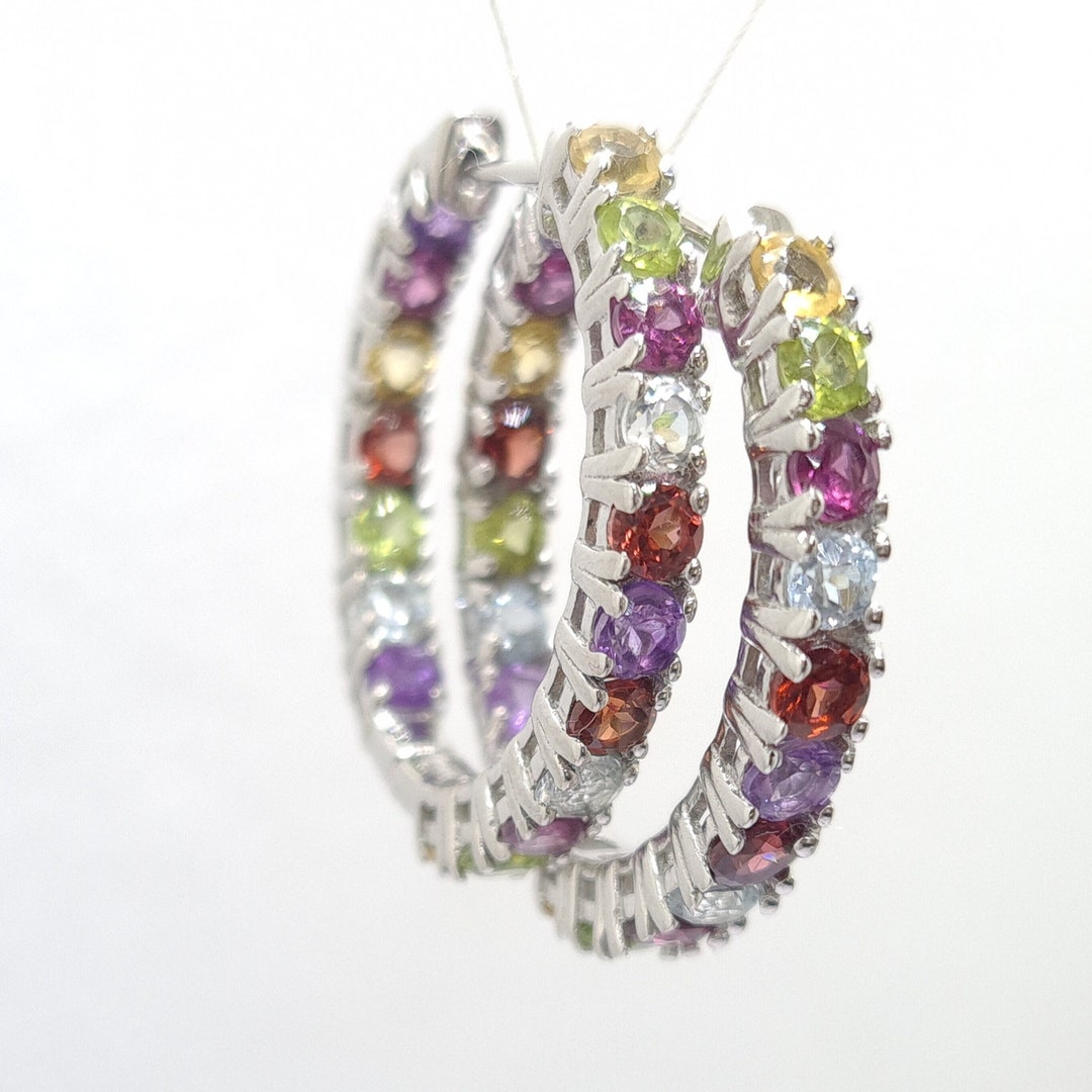 Natural Multi Gemstone Hoop Earrings- Rainbow Huggies Earrings-birthday Gift Earrings-daily Wear ...
