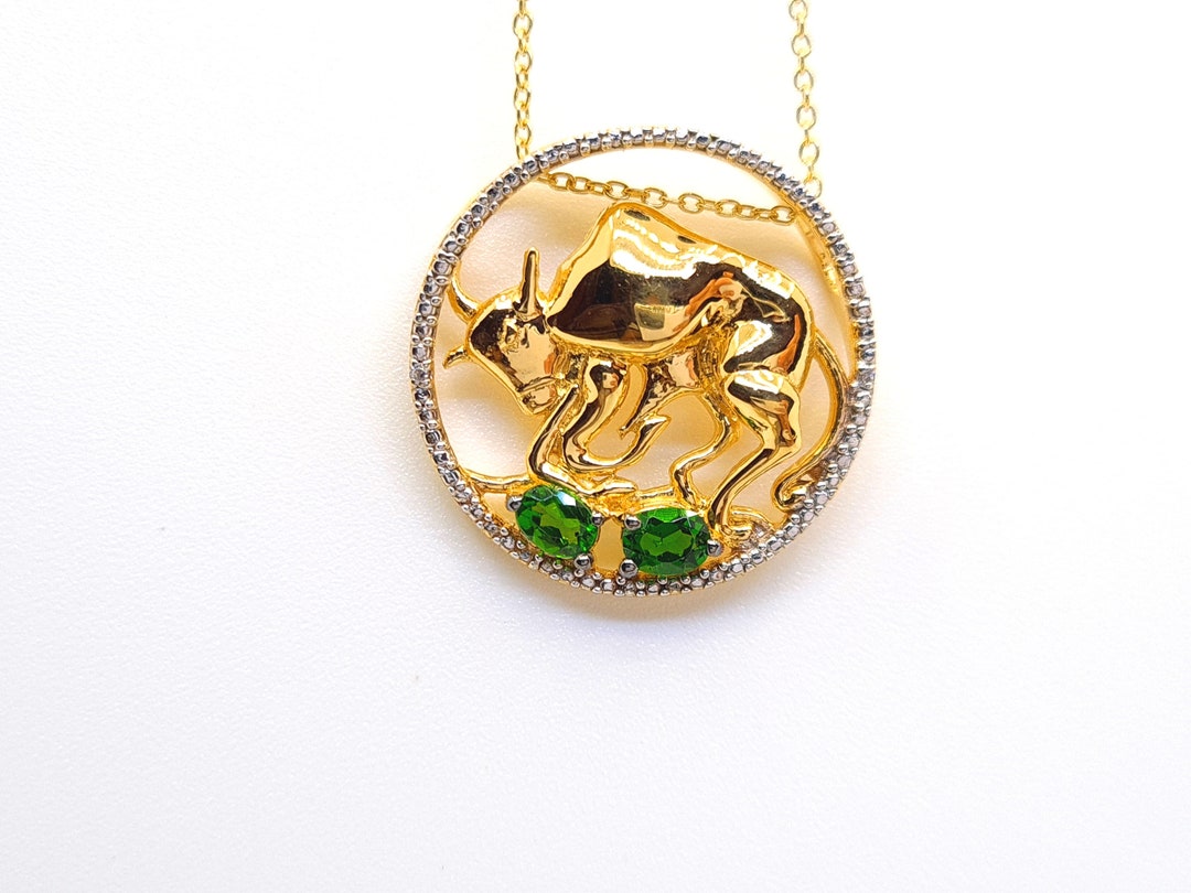 Natural Gemstone Zodiac Sign Taurus Pendant, Natural Green Tsavorite ...