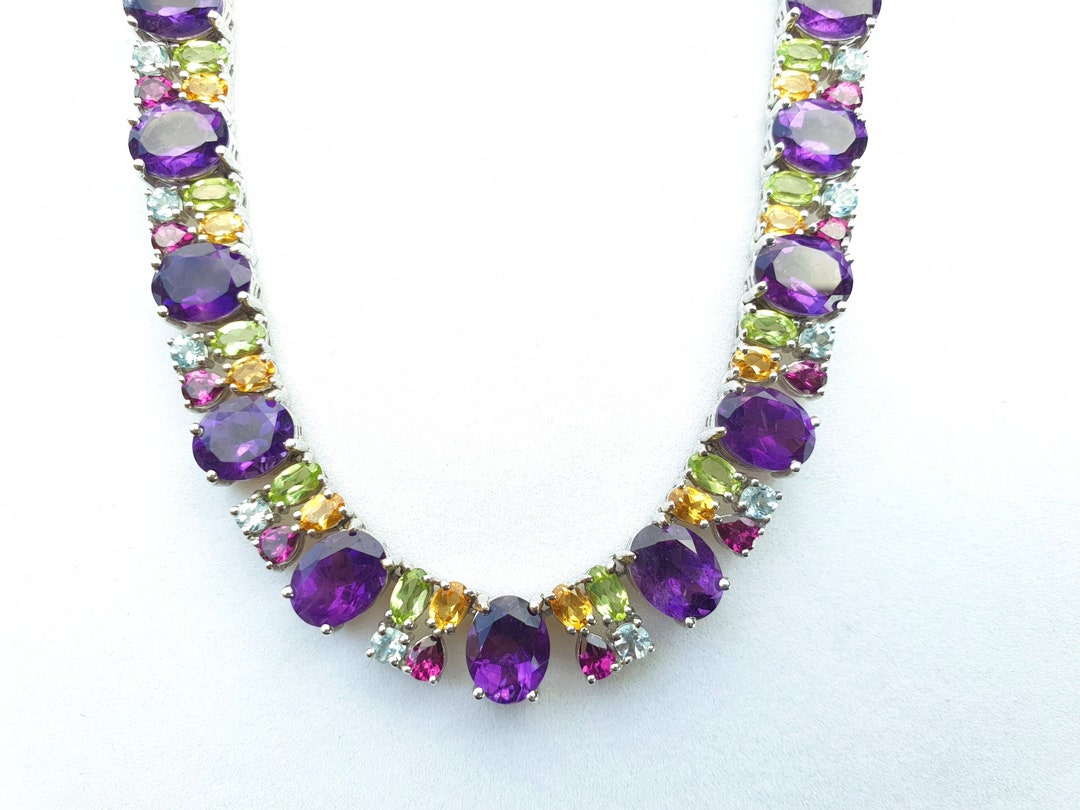 Natural African Purple Amethyst Multi Gemstone Necklace, Peridot ...