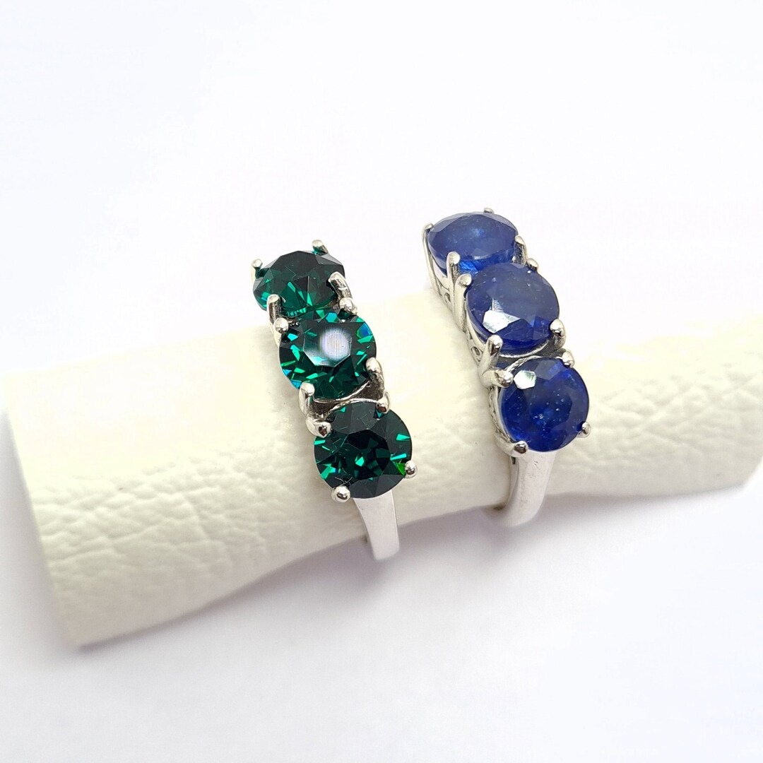 Blue Sapphire Ring-swarovski Emerald Crystal Ring-925 Sterling Silver ...