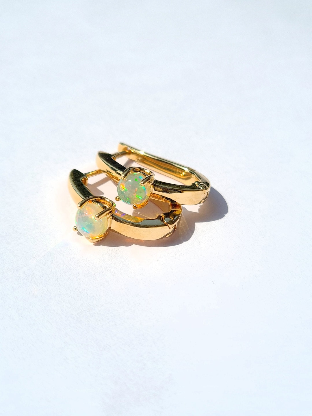 Natural Opal Gold Hoop Earrings-solid 14K Yellow Gold Earrings-natural Opal Huggies-october ...