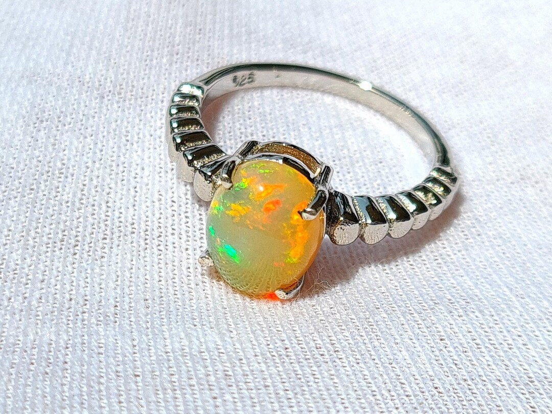 Natural Opal Oval Cabochon Silver Ring, Multi Colour Fire Opal Ring ...
