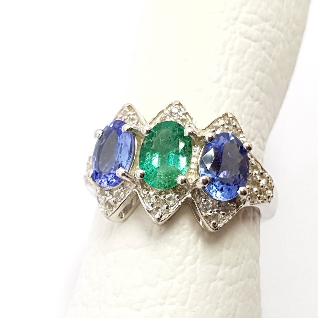 Natural AAA Zambian Emerald Tanzanite Three Stone Silver Ring-tanzanite Three Stone Silver Ring ...