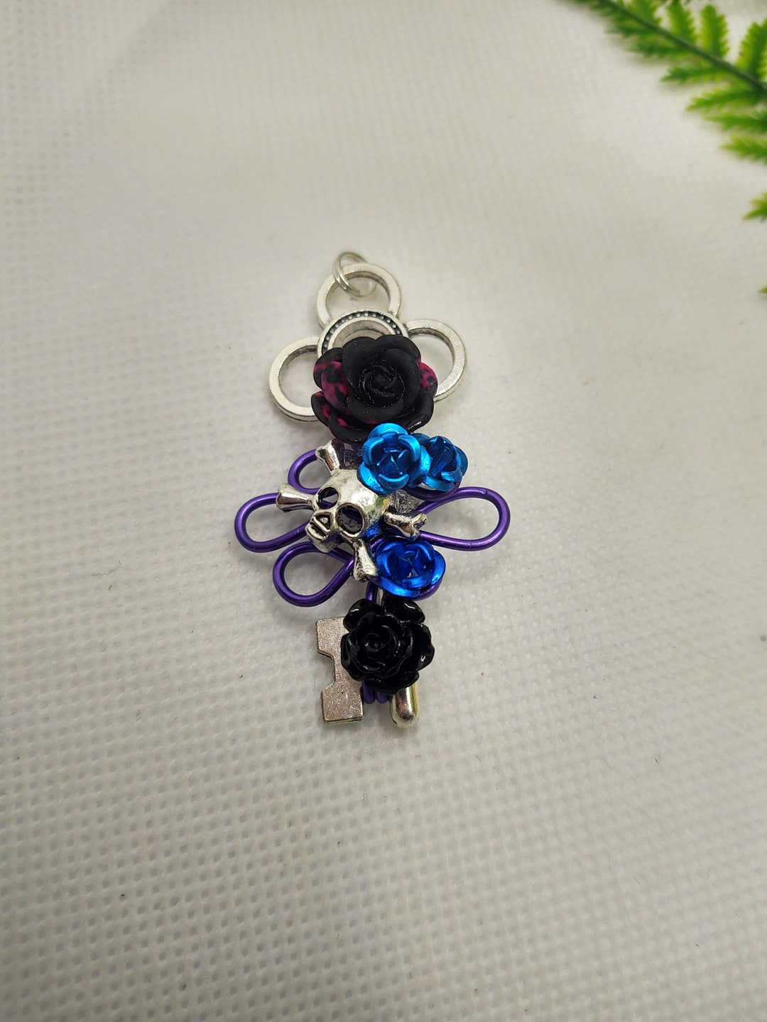Rose Skeleton Key Black and Blue Skull Pendant - Etsy