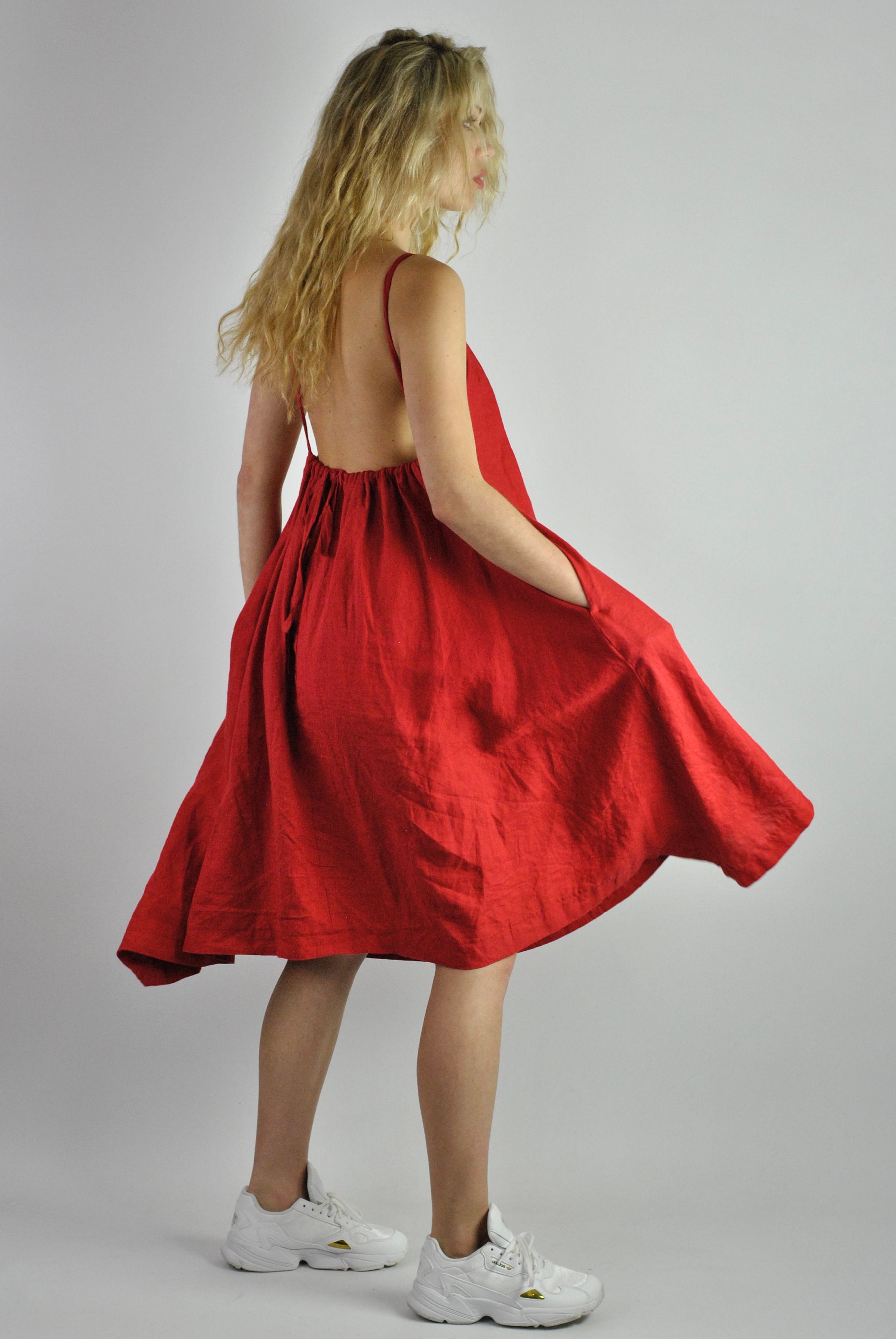 Pure Linen Red Dress Dress on Straps With Ties Beach Summer - Etsy