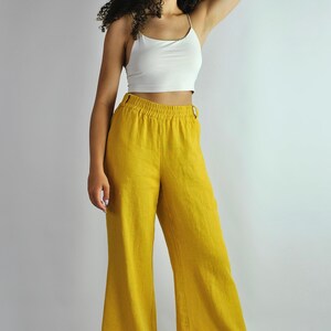 Pure Linen Wide Yellow Trousers, Summer Flares, Bellbottom Pants, Linen ...