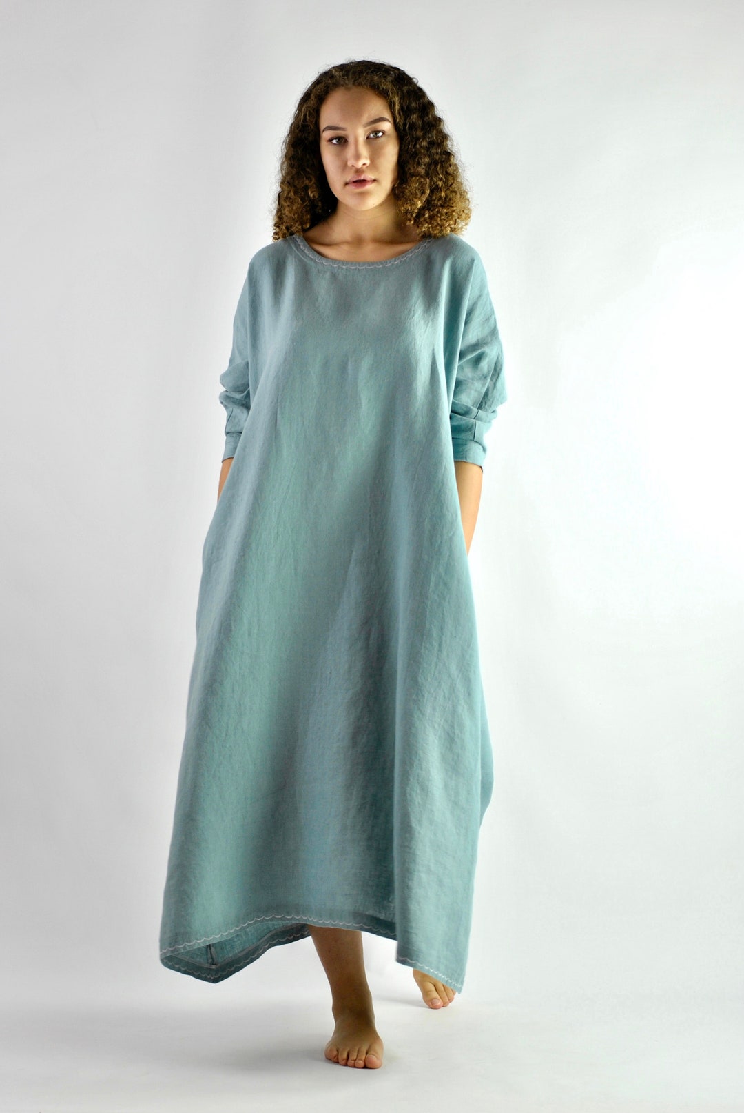 Turquoise Mint Linen House Dress – Versatile Nightdress, Natural Beach ...
