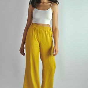 Pure Linen Wide Yellow Trousers, Summer Flares, Bellbottom Pants, Linen ...