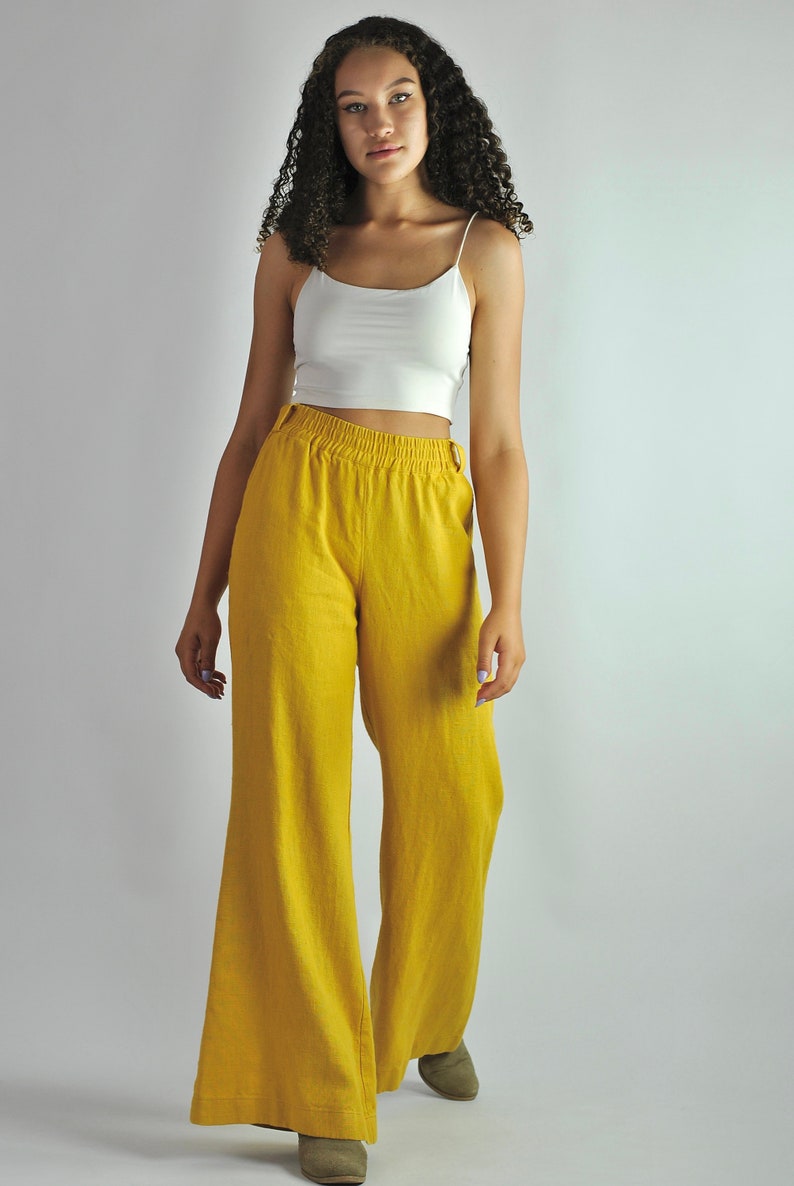 Pure Linen Wide Yellow Trousers, Summer Flares, Bellbottom Pants, Linen ...