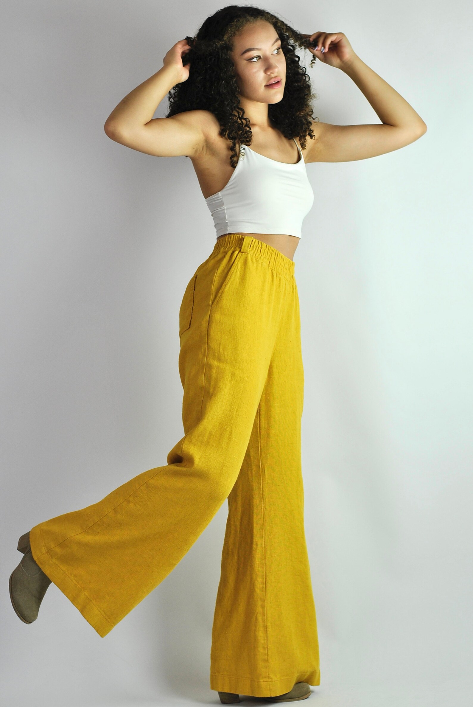 Pure Linen Wide Yellow Trousers, Summer Flares, Bellbottom Pants, Linen ...
